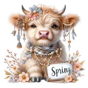12 Spring Highland Cow Clipart PNG, Cute Cow in Plaid Skirt Holding ...
