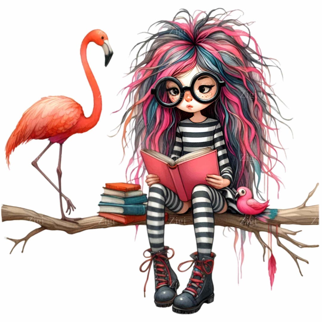 Colorful Girl Reading With Flamingo PNG Clipart, 15 Adorable Cartoon ...