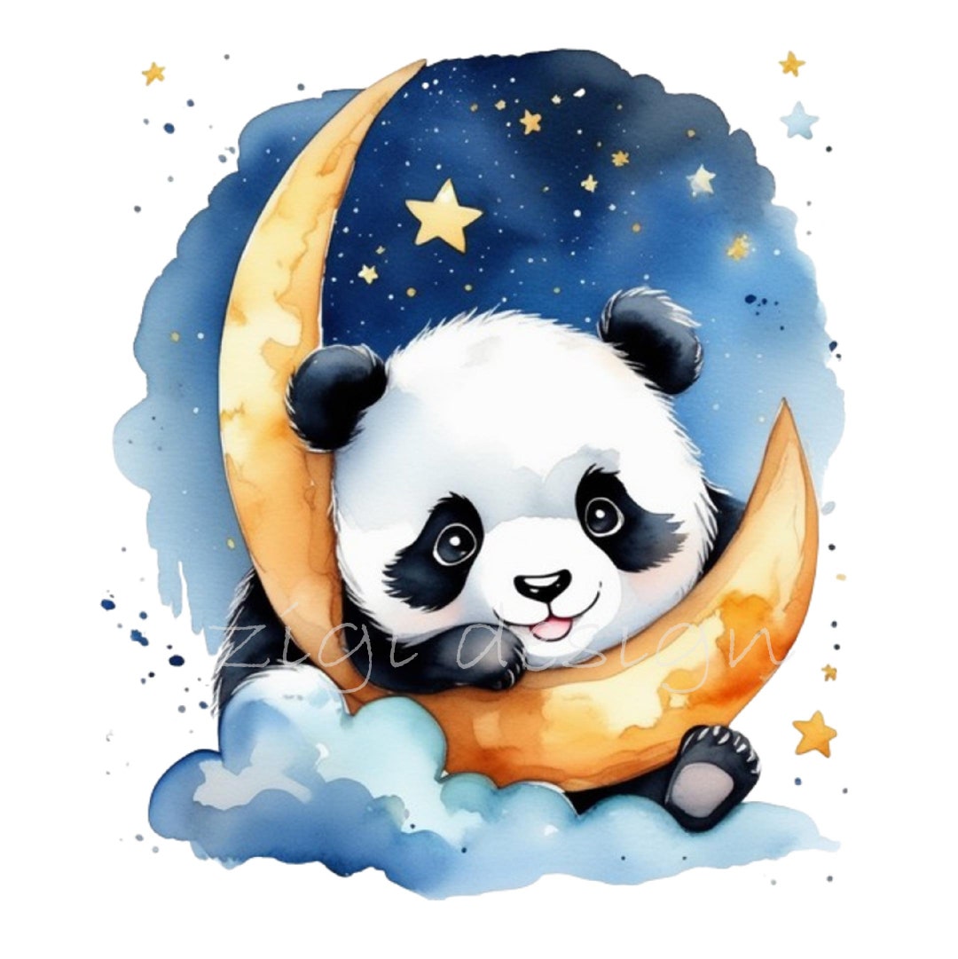 18 Panda Moon Clipart PNG – Cute Baby Panda on Crescent Moon With Stars ...