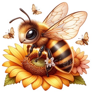 10 PNG Cute Baby Bee on Sunflower Clipart, Adorable Bumblebee Hearts ...