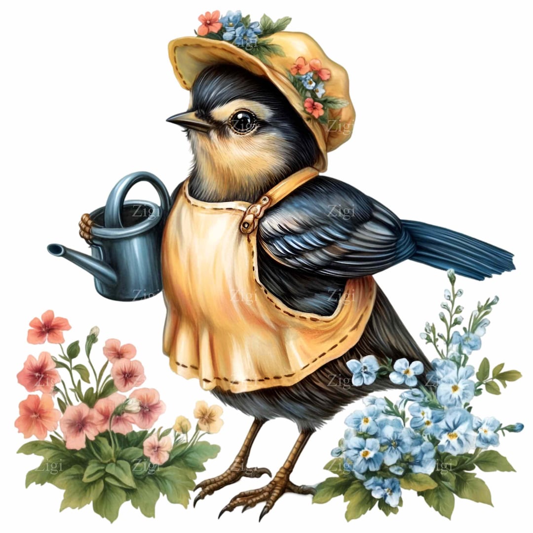 18 PNG Gardening Bird Clipart – Cute Spring Bird PNG With Watering Can ...