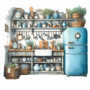 12 Vintage Kitchen PNG Clipart - Blue Retro Fridge & Farmhouse Shelves ...