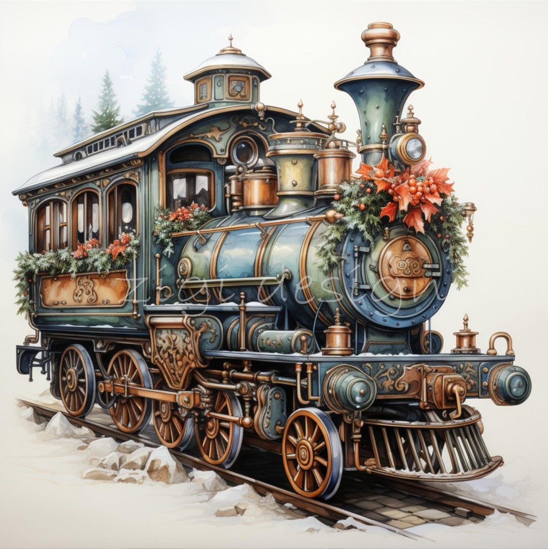 Christmas Train Watercolor Clipart, 59 JPG Vintage Steam Engine ...