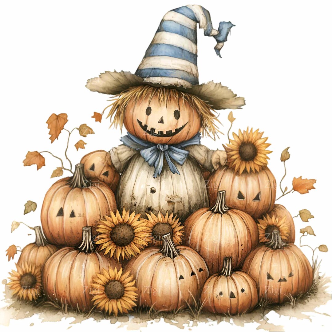 12 Pumpkin Scarecrow PNG Clipart – Cute Fall Character With Sunflowers ...