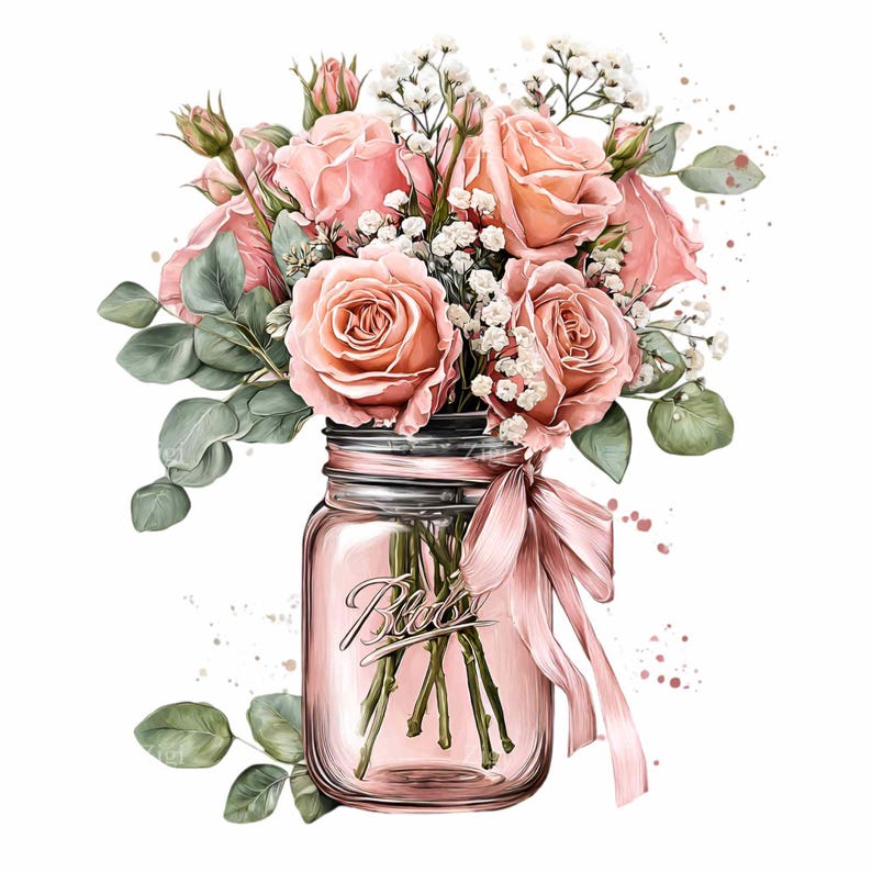 16 PNG Pink Rose Mason Jar Clipart, Watercolor Floral Bouquet, Flower ...