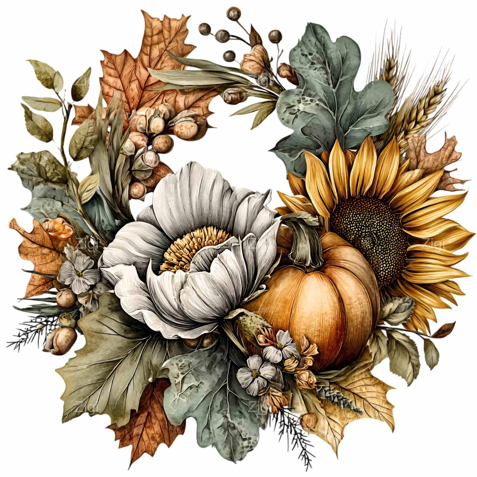 14 PNG Autumn Pumpkin Wreath, Rustic Fall Floral Clipart, Thanksgiving ...