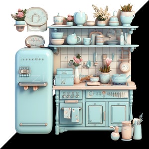24 Retro Pastel Kitchen PNG Clipart, Vintage Blue Fridge & Stove With ...