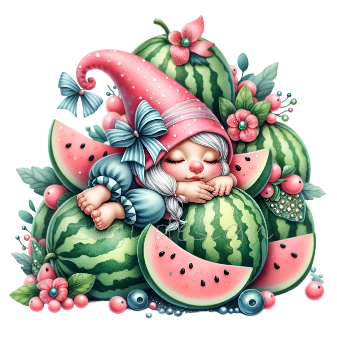 Watermelon Gnome Clipart Cute Summer Illustration 10 PNG Sleepy Gnome ...