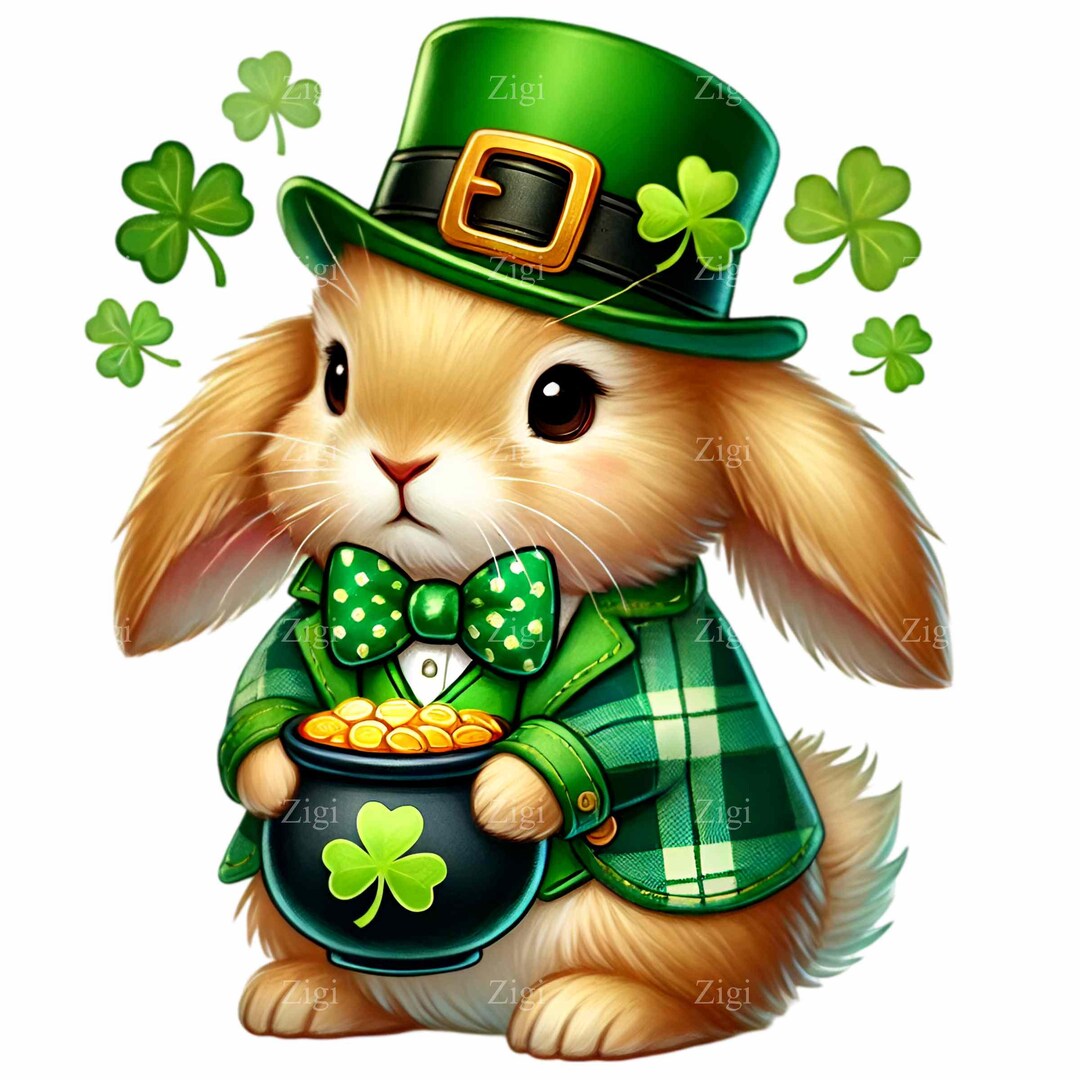 12 Irish Bunny Clipart PNG, St. Patrick's Day Rabbit With Shamrocks and ...