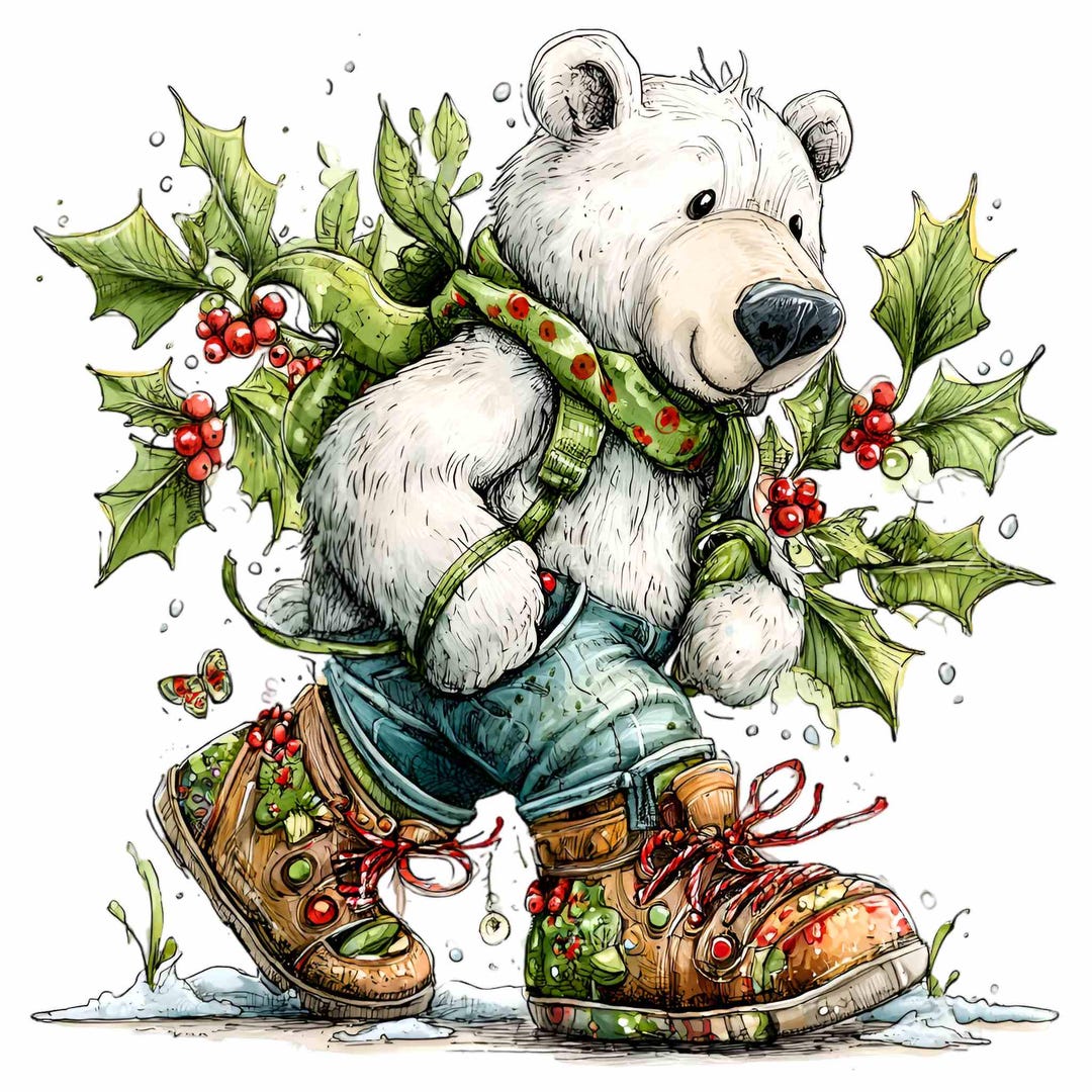 12 PNG Polar Bear Clipart - Festive Bear PNG With Holly and Boots ...