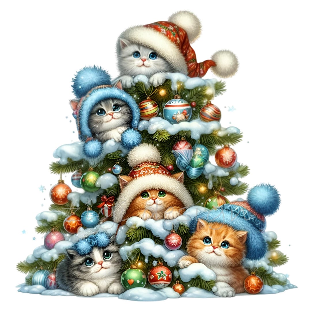 Christmas Kitten Tree Clipart 10 Cute Festive Cat Illustration in Santa ...