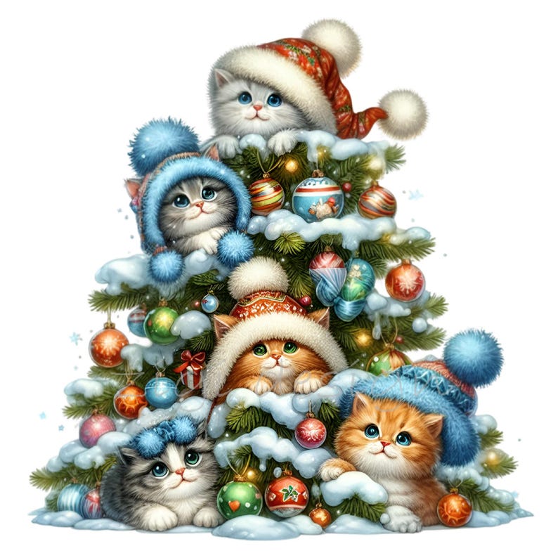 10 PNG Winter Cat Tree Clipart – Cute Kittens PNG – Christmas Cat ...
