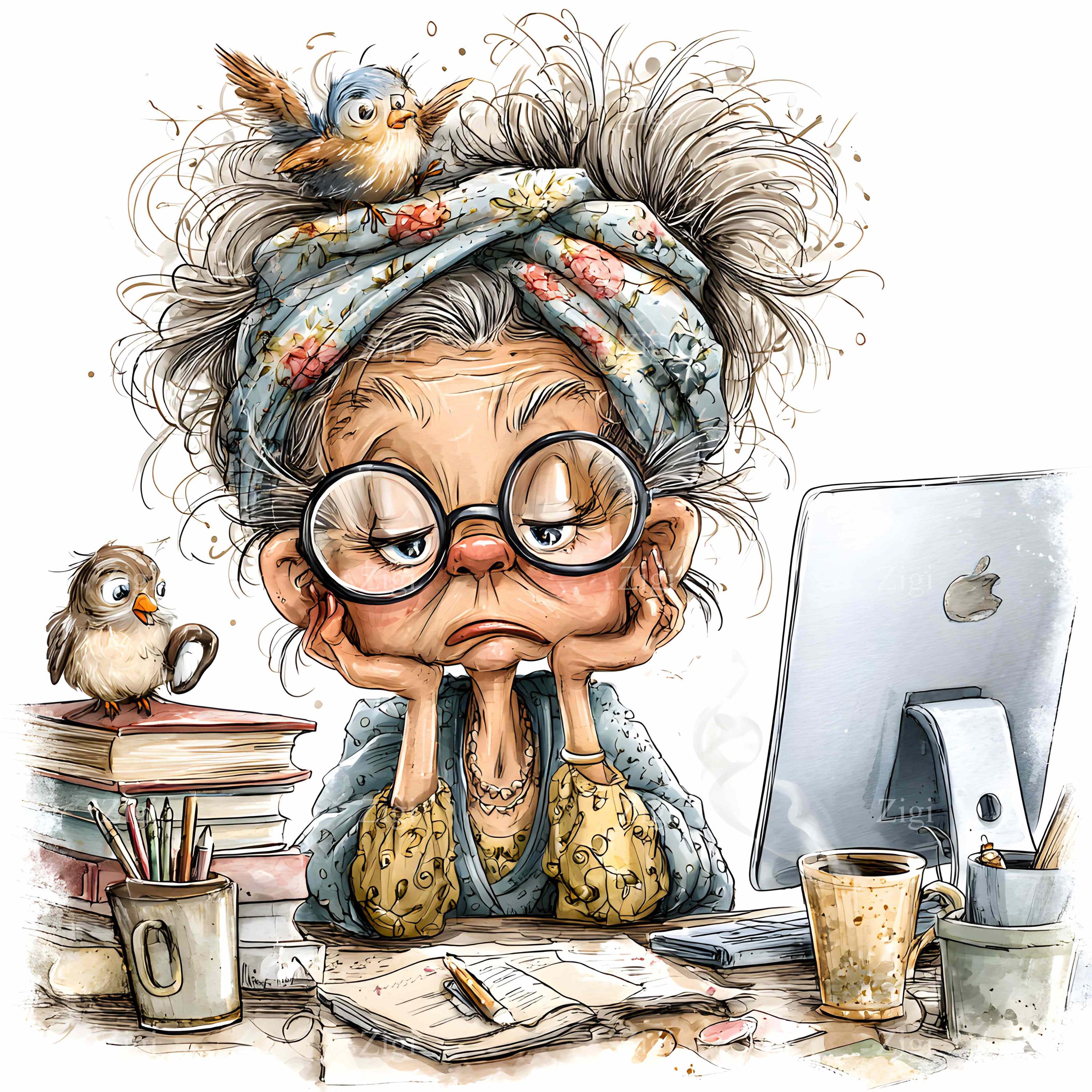 21 JPEG Funny Grandma – Computer Desk JPG Clipart – Whimsical Office ...