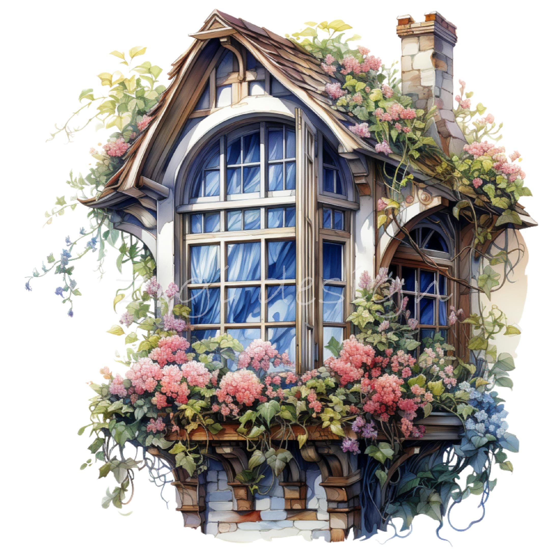 15 PNG Watercolor Garden Window, Pink Floral Window Box Clipart, Stone ...