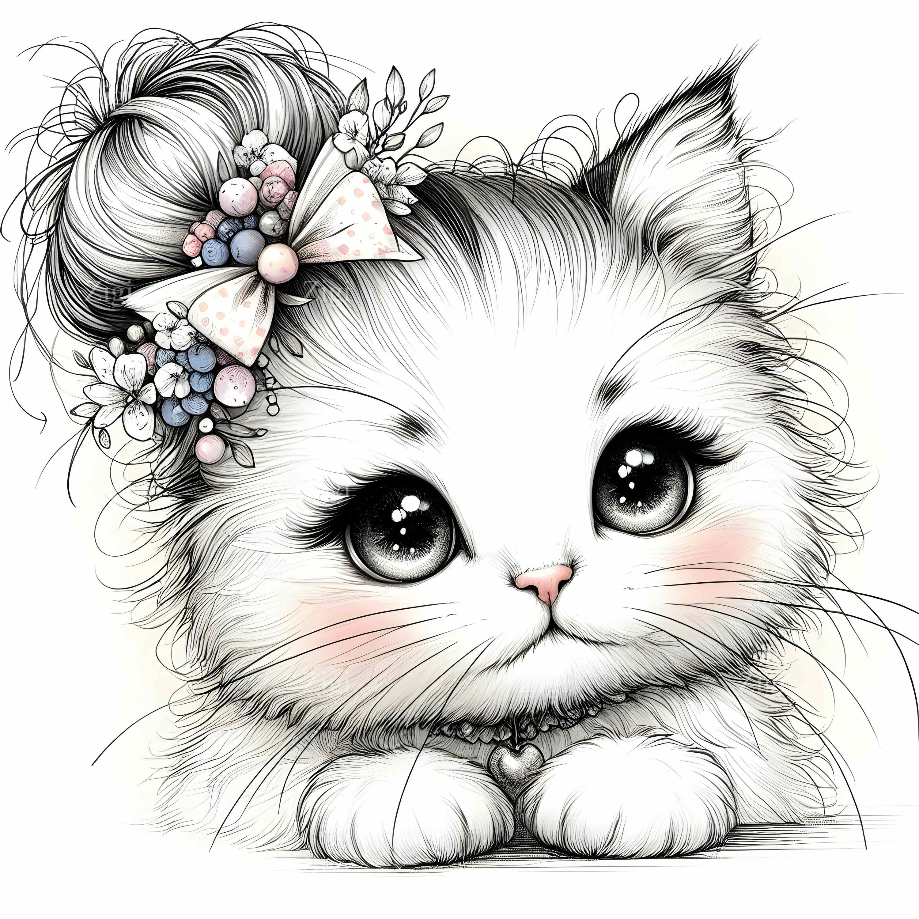 15 JPEG Cute Kitten Clipart With Big Eyes and Floral Bow, Baby Cat JPEG ...