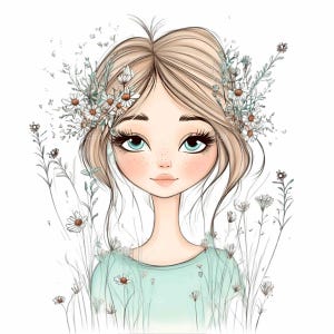15 Girl With Floral Crown Clipart PNG, Hand-drawn Side Profile of a ...