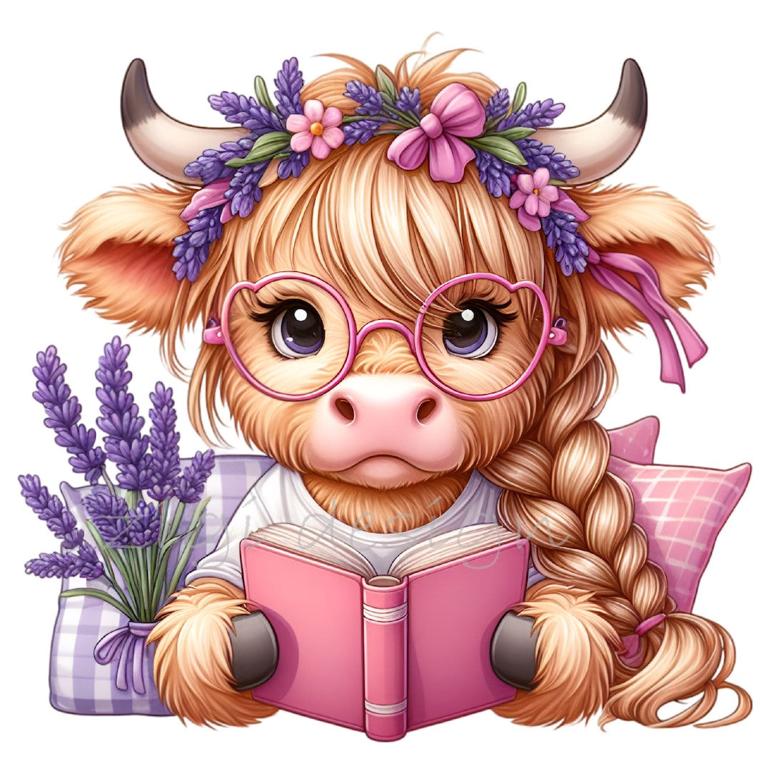 10 Highland Cow PNG Clipart With Lavender Crown and Heart Glasses, Cute ...