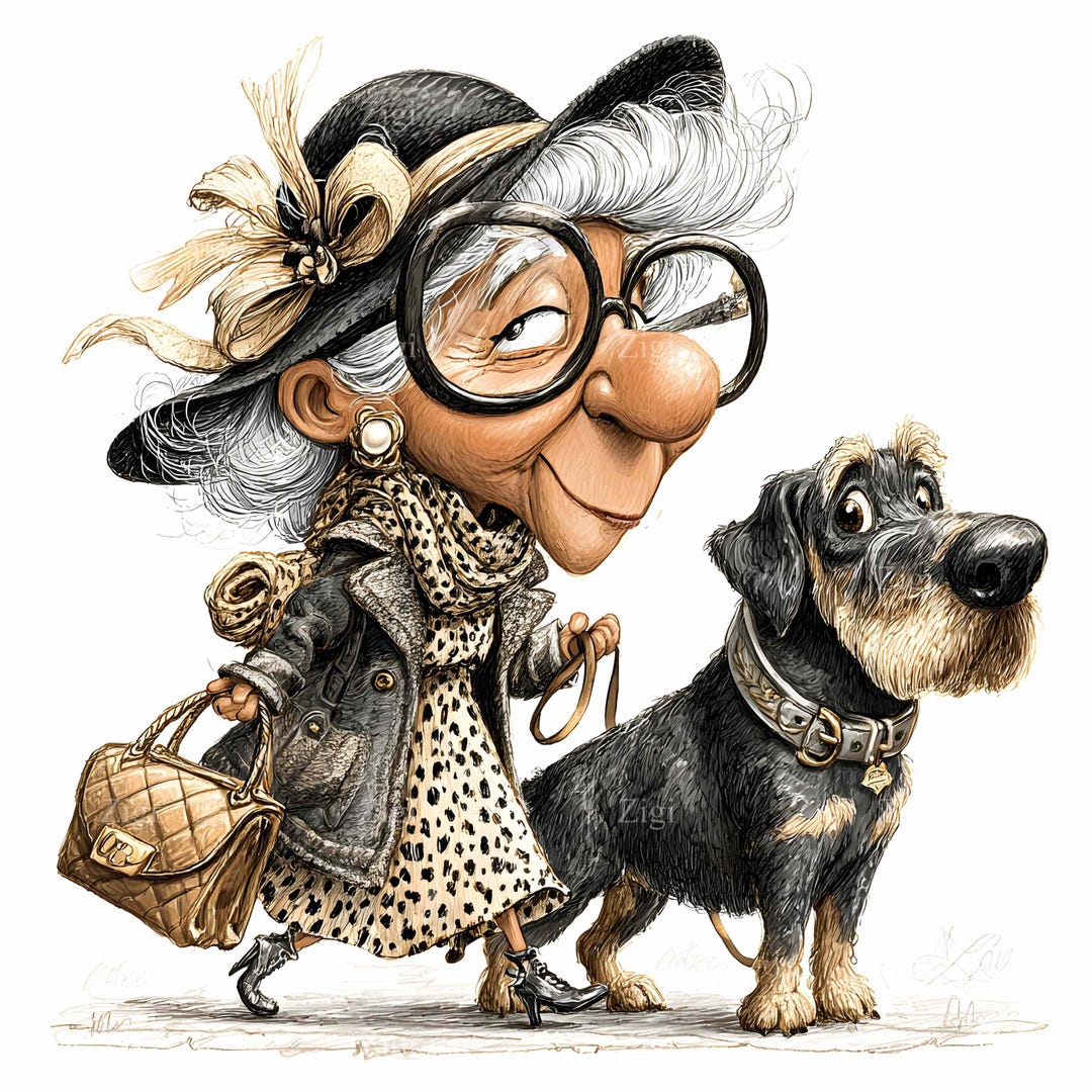 24 JPEG Stylish Grandma and Dog Clipart – Funny Cartoon JPG – Elegant ...
