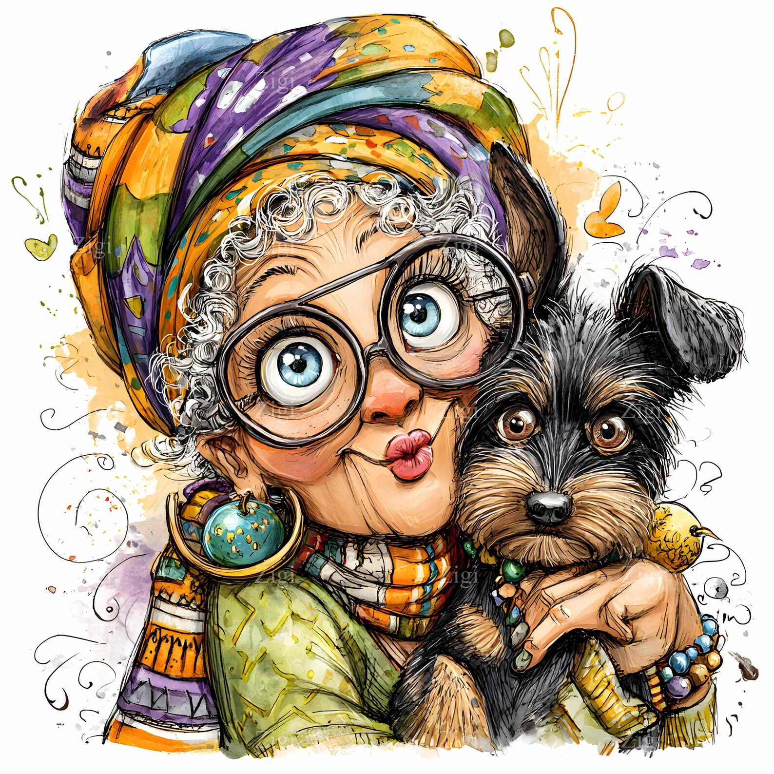 25 JPEG Whimsical Grandma With Dog – Cute JPG Clipart – Cartoon ...