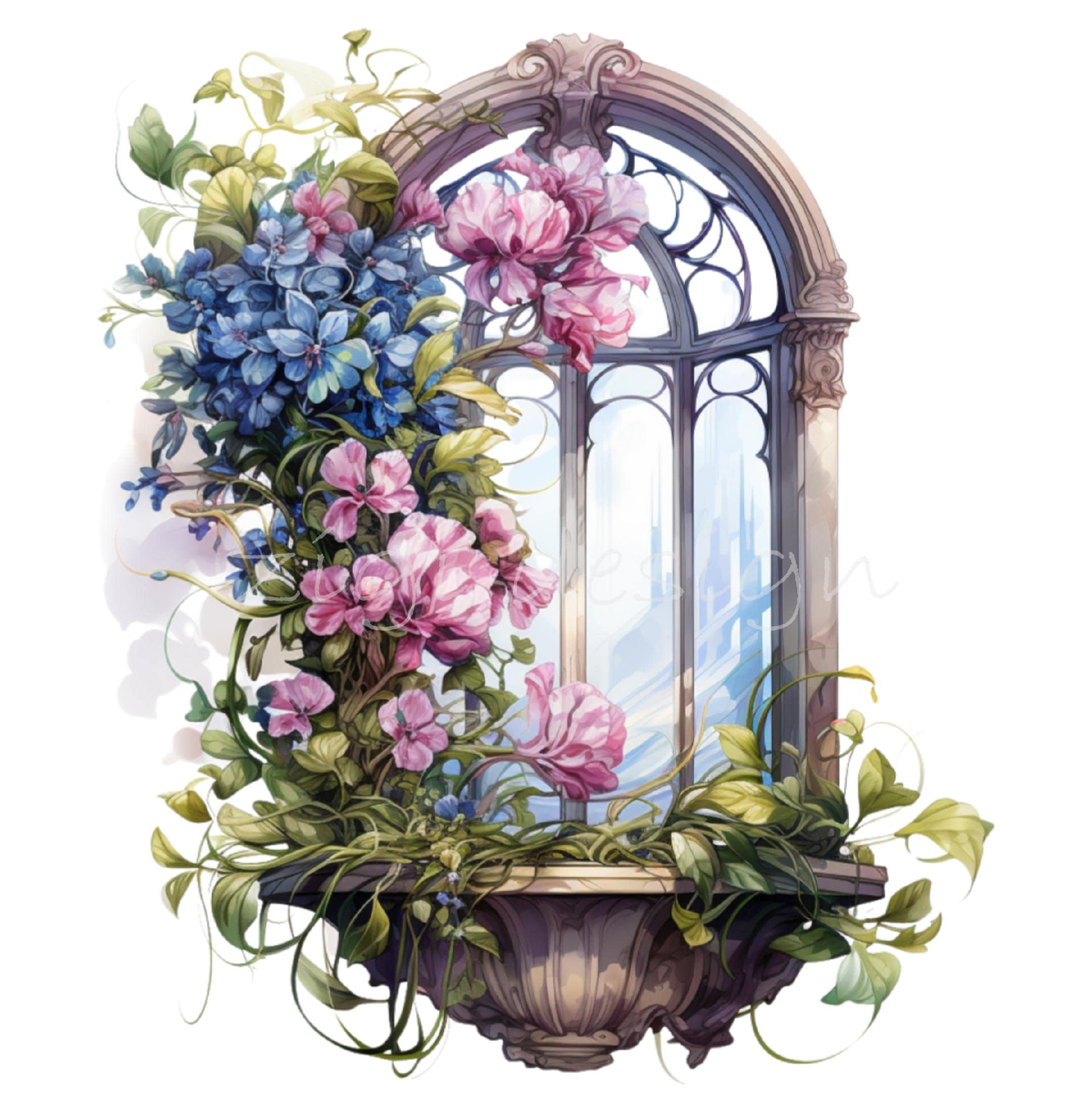 15 PNG Watercolor Garden Window, Pink Floral Window Box Clipart, Stone ...