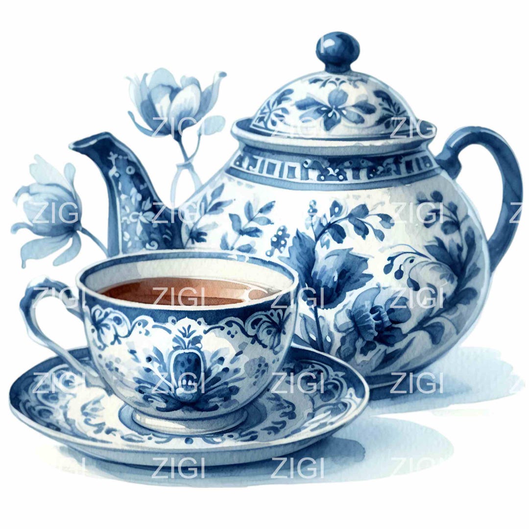 Blue Floral Teapot and Teacup Clipart, 20 Watercolor Vintage Tea Set ...