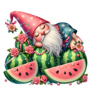 Watermelon Gnome Clipart Cute Summer Illustration 10 PNG Sleepy Gnome ...