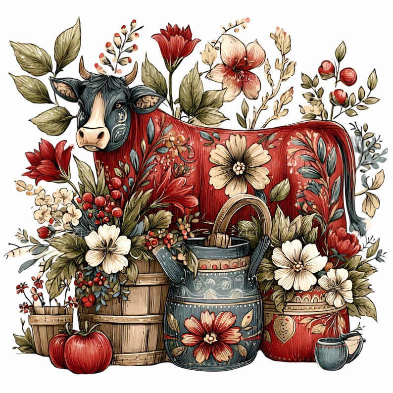15 PNG Folk Art Cow Floral Farmhouse Clipart, Scandinavian Garden ...