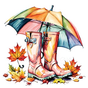 Autumn Rain Boots Clipart, 15 Fall Leaves Umbrella PNG, Watercolor ...