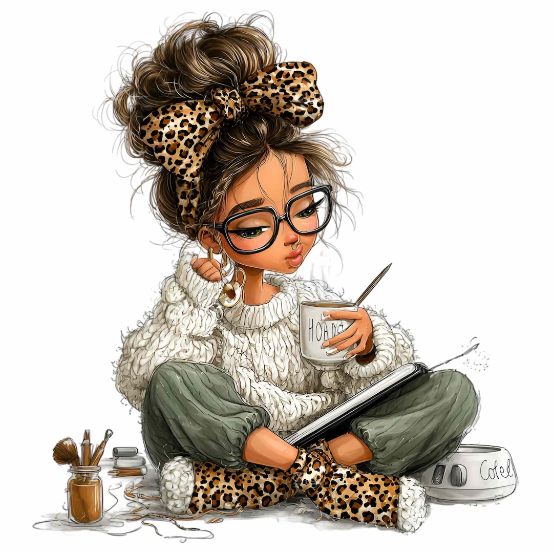 16 PNG Messy Bun Girl Clipart, Coffee Lover, Leopard Print Bow, Fashion ...