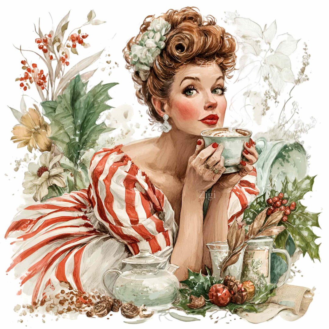 12 PNG Retro Woman Clipart – Christmas Tea PNG – Vintage Holiday Lady ...