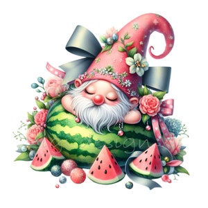 Watermelon Gnome Clipart Cute Summer Illustration 10 PNG Sleepy Gnome ...