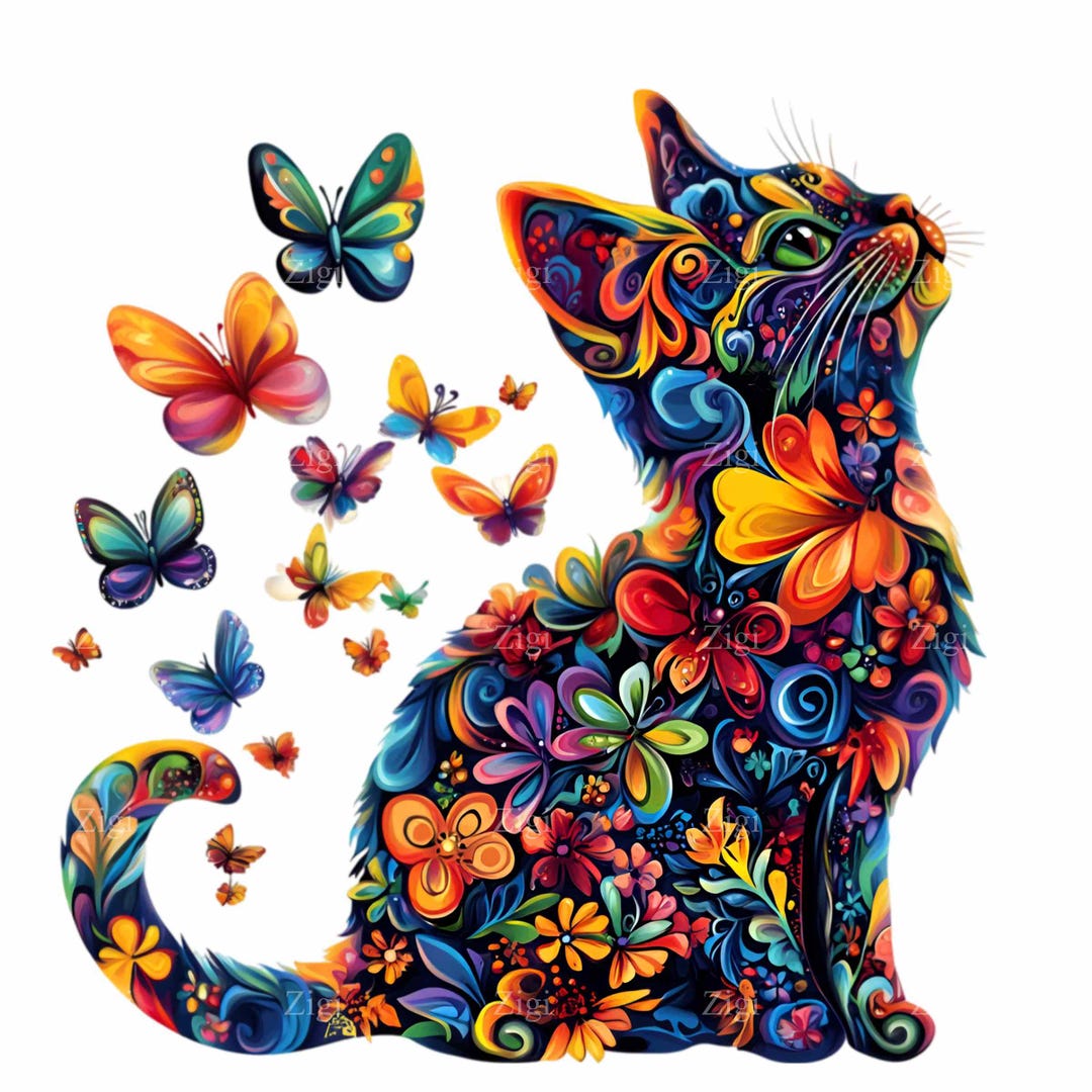 18 Colorful Cat PNG Clipart, Vibrant Floral Cat and Butterflies Digital ...