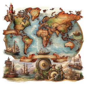 World Map Clipart 15 PNG, Watercolor Vintage Old Map Illustration, Clip ...