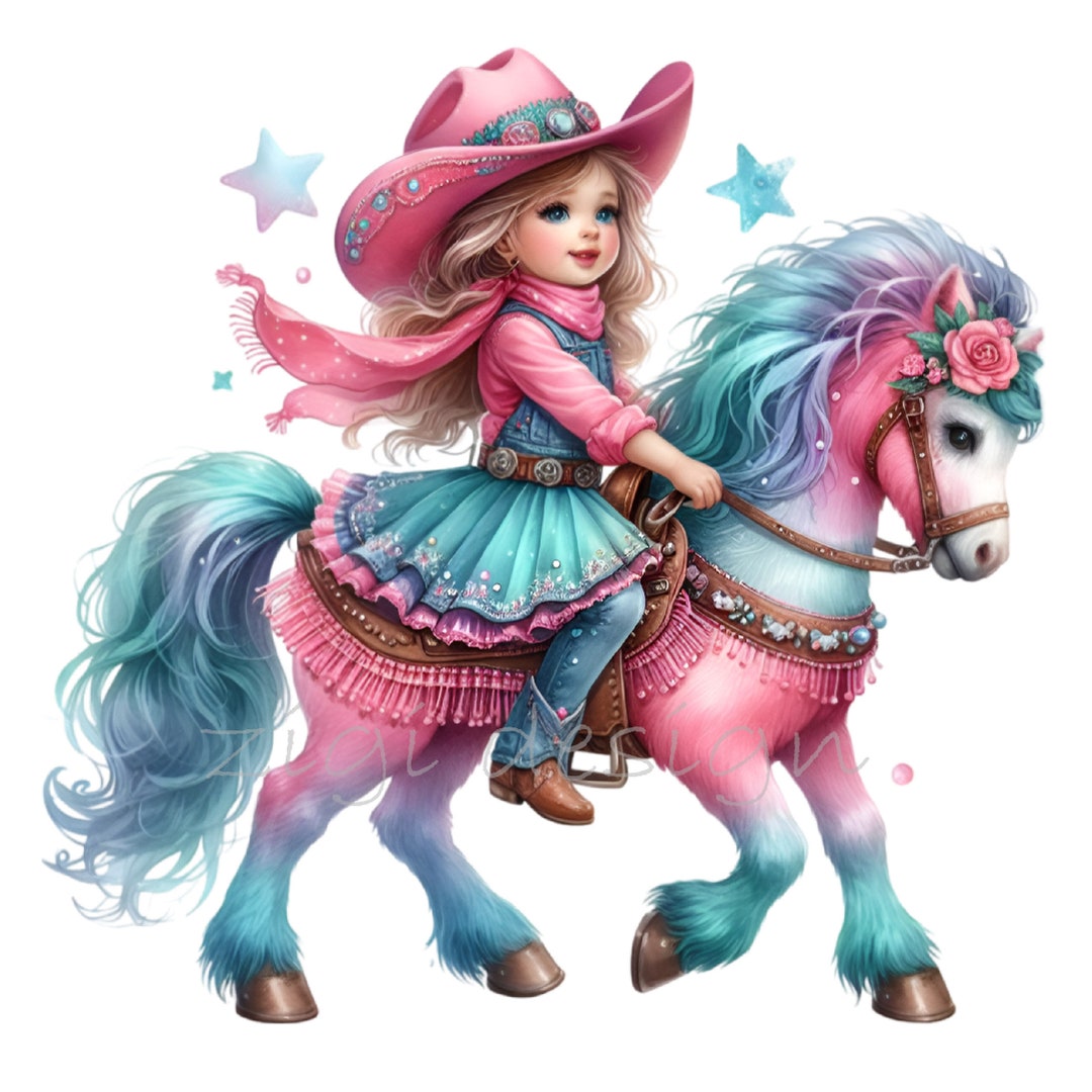 Cowgirl on Pink Pony Clipart PNG 14 Cute Western Girl Riding Decorated ...