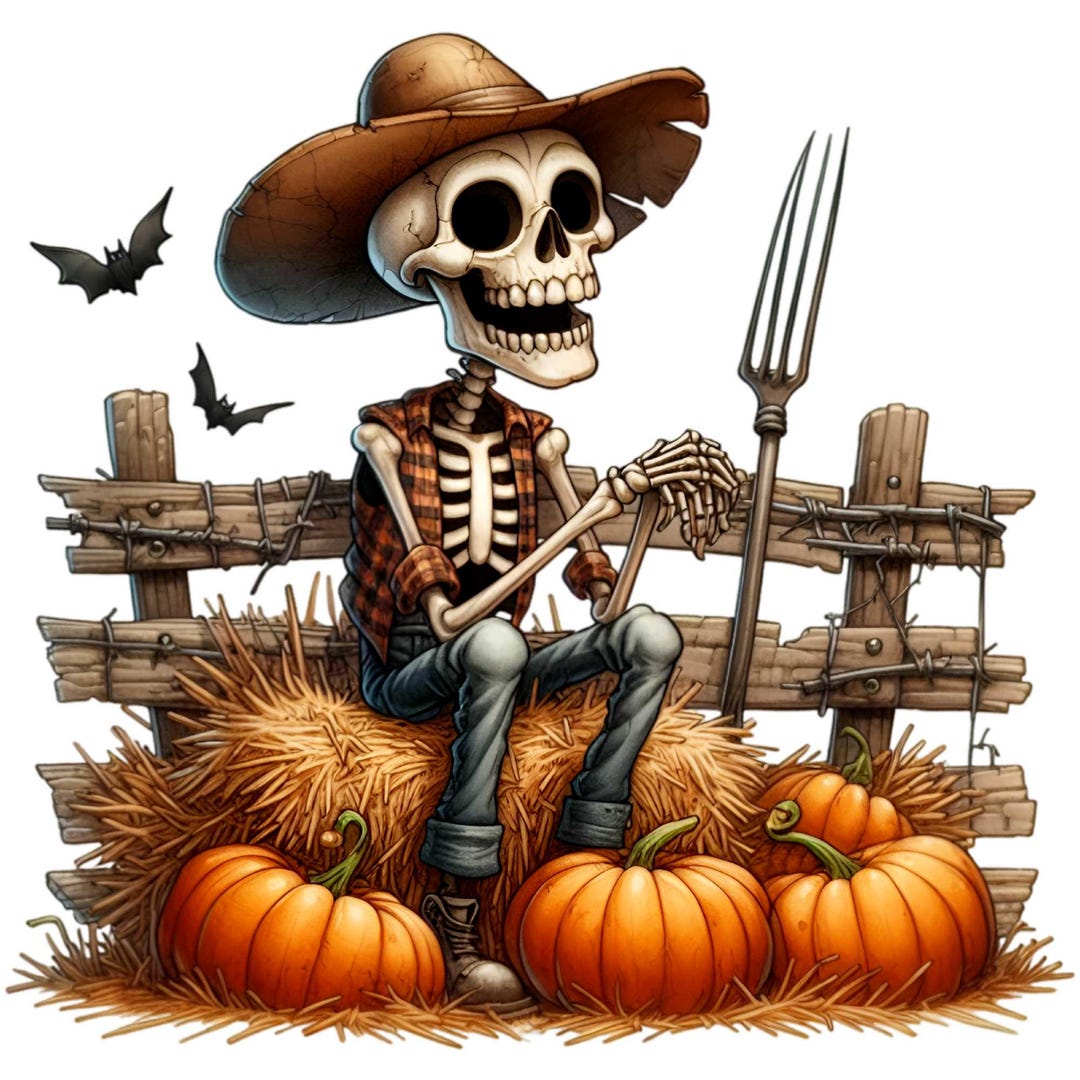 Farmer Skeleton With Jack-o'lanterns Clipart Spooky Halloween Scene in the Field 15 PNG Digital ...