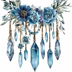 36 JPEG Blue Crystal Garland Clipart JPG, Hanging Gemstones With Floral ...