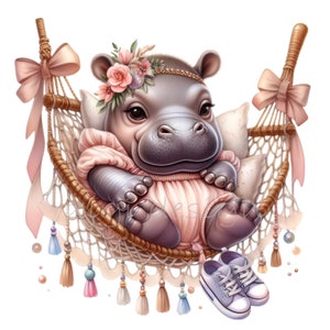 Adorable Baby Hippo Clipart 15 PNG, Cute Hippo in Hammock Illustration ...