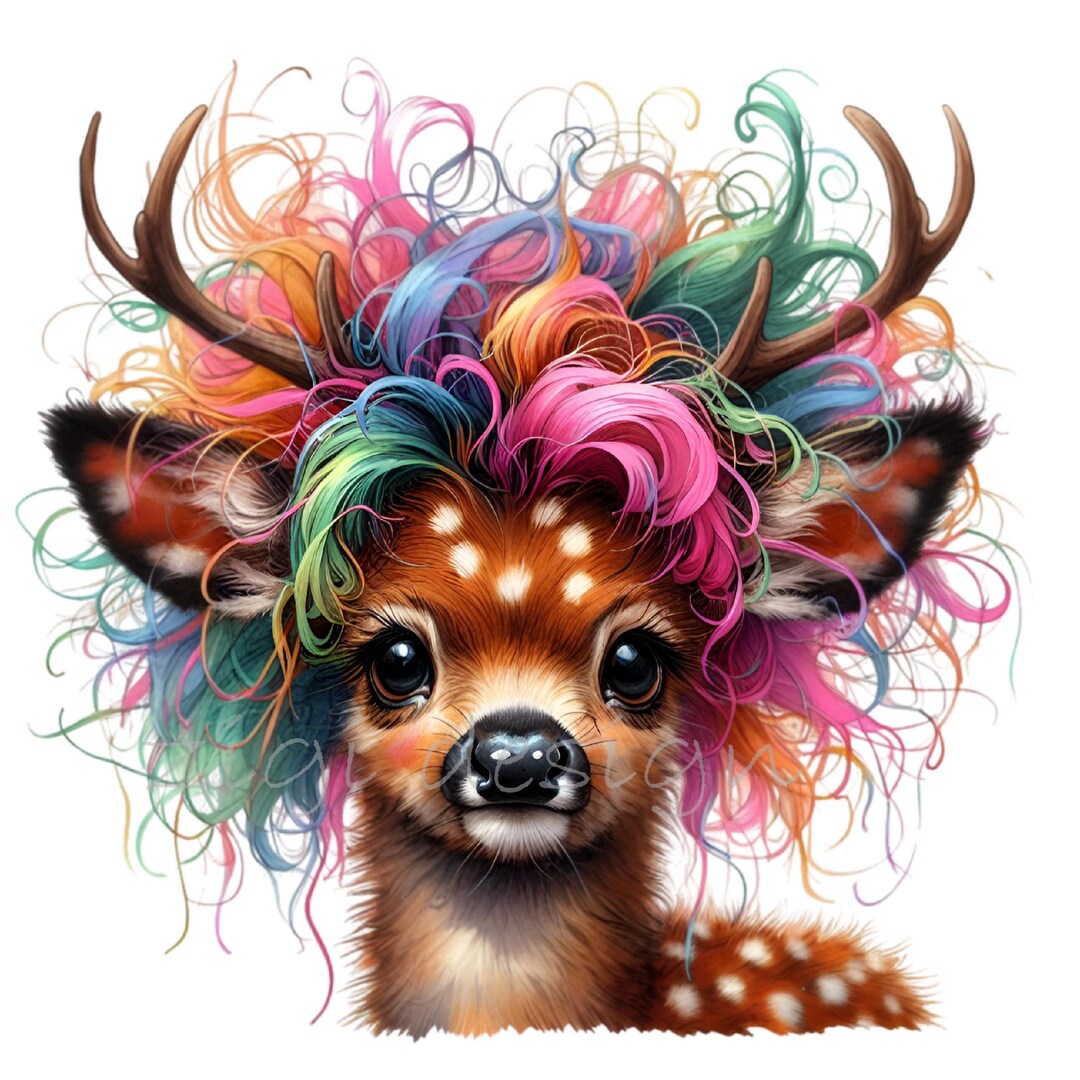 12 Rainbow Deer PNG Clipart - Cute Fawn With Curly Multicolor Hair and ...