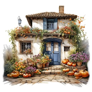 10 Autumn Cottage With Pumpkins PNG Clipart – Fall House Illustration ...