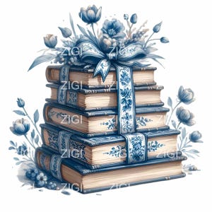 Elegant Blue Floral Books Clipart, 15 Vintage Book Stack Art, Digital ...