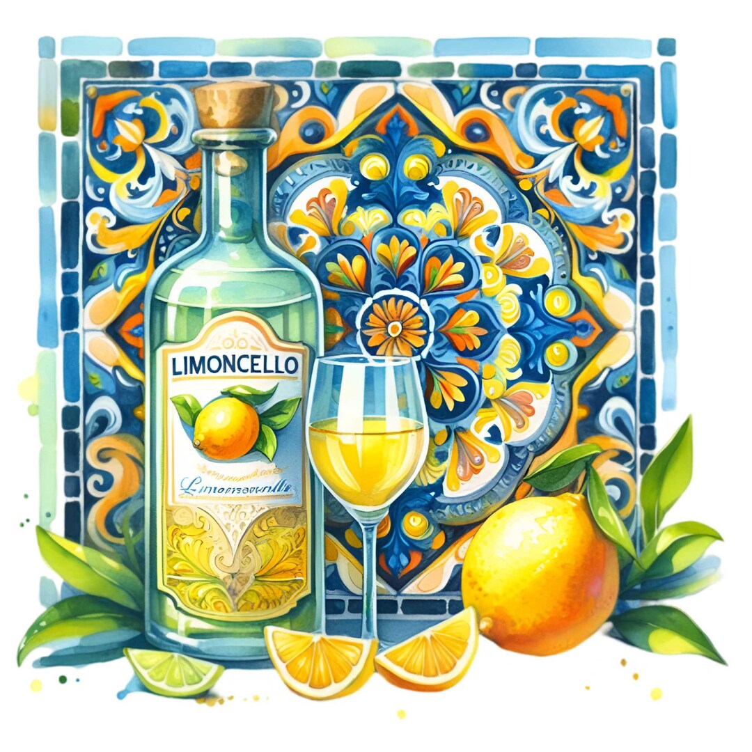 Limoncello Bottle With Decorative Tile Watercolor Clipart | 10 Vibrant ...