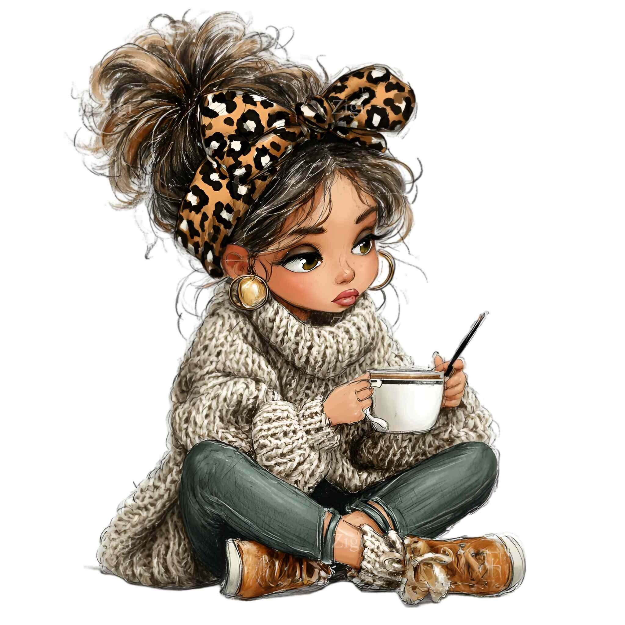 16 PNG Messy Bun Girl Clipart, Coffee Lover, Leopard Print Bow, Fashion ...