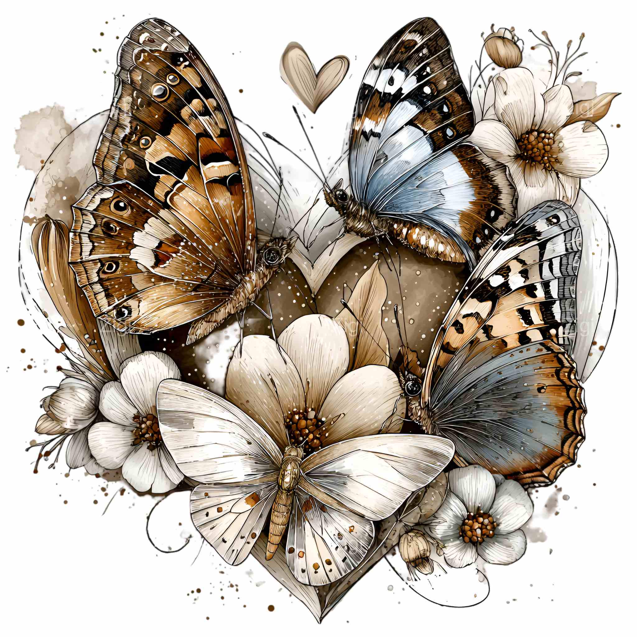 12 PNG Butterfly Heart Clipart, Rustic Floral Insect, Watercolor Wood ...