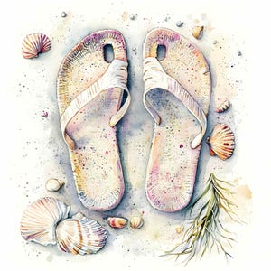 24 JPG Beach Flip Flops Illustration Watercolor, Seashell Summer ...