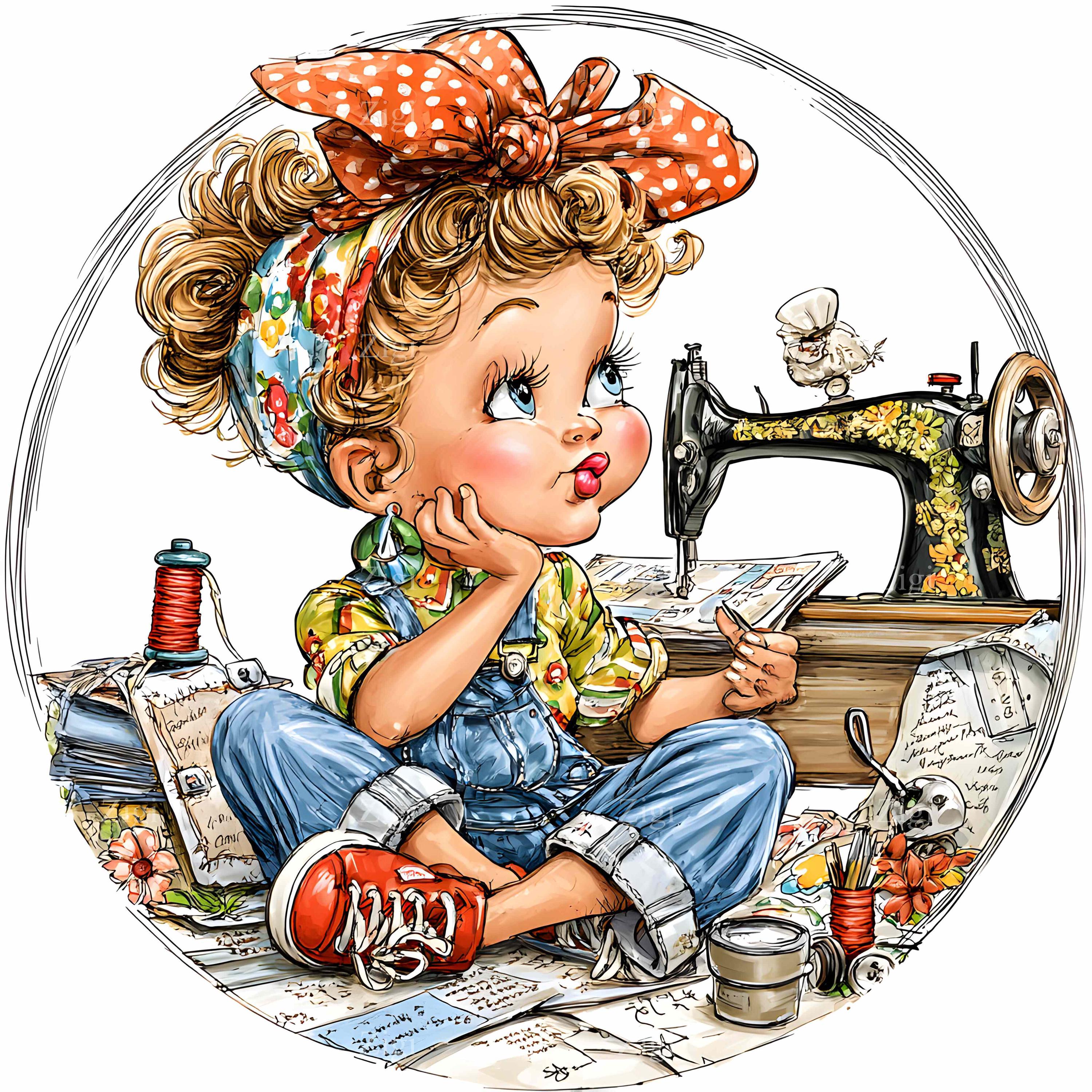 18 JPEG Sewing Girl Clipart – Cute Seamstress With Notes Illustration ...
