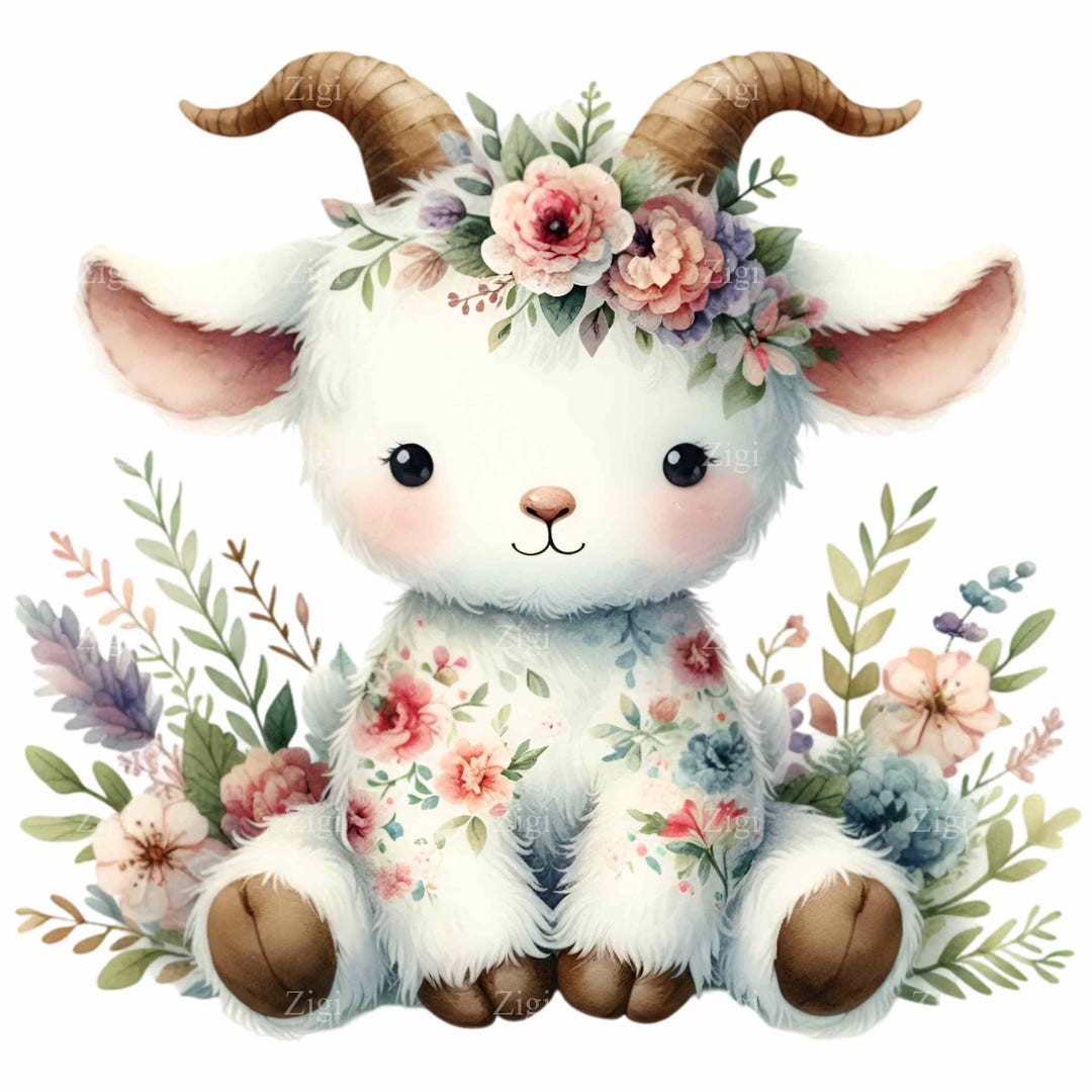 12 Floral Goat PNG Clipart Cute Goat With Flower Crown and Botanical ...