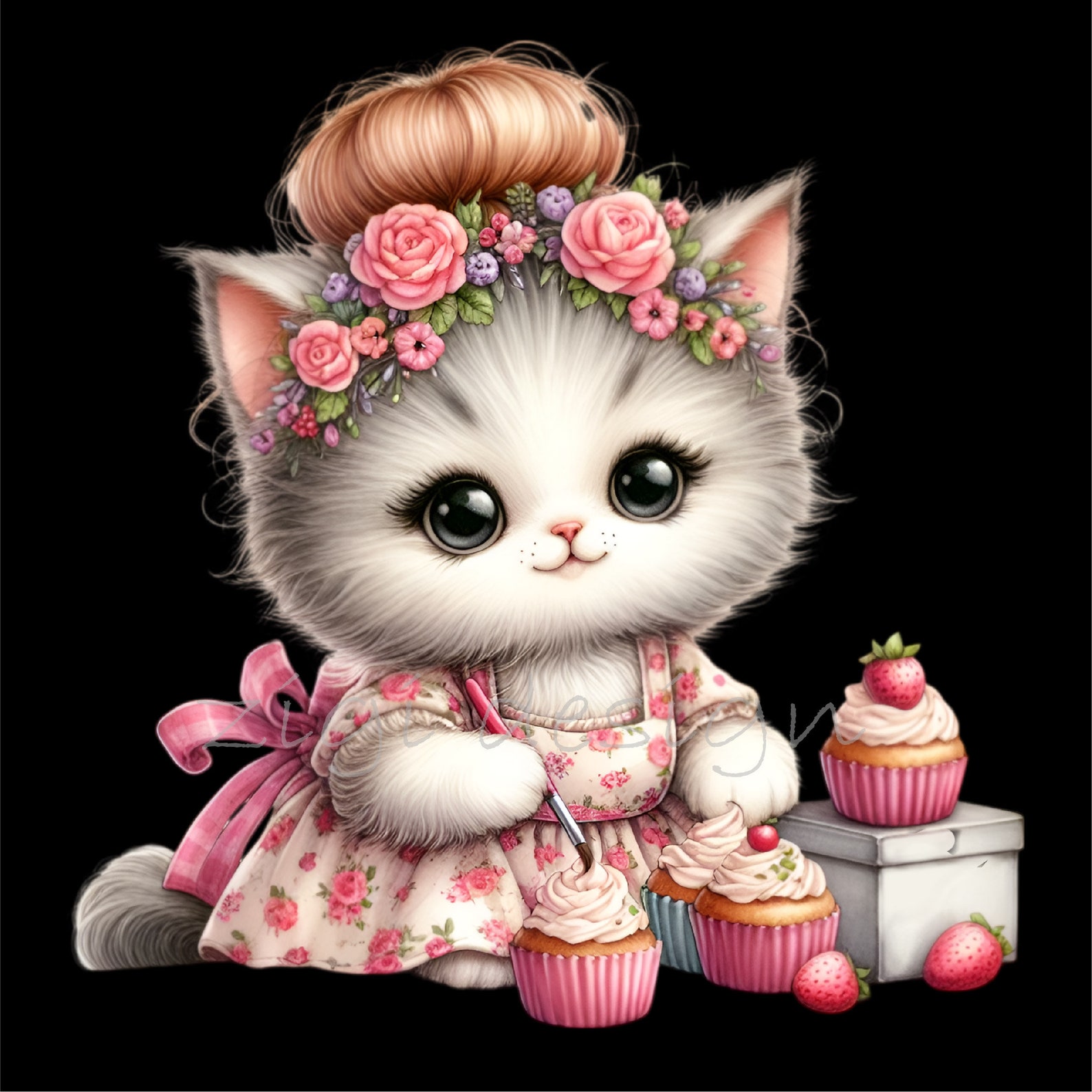 Baker Kitten Clipart With Cupcakes Adorable Cat Illustration 15 PNG ...