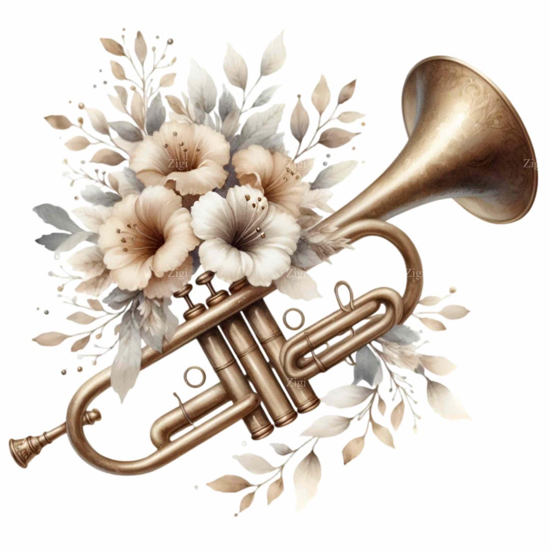 Vintage Trumpet With Flowers PNG Clipart 10 Elegant Musical Instrument ...