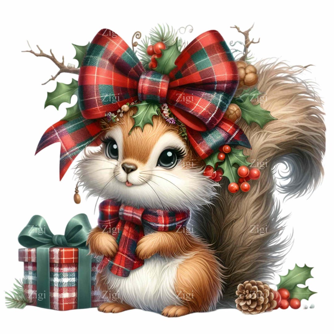 Christmas Squirrel Clipart, 10 Cute Squirrel With Tartan Bow and ...