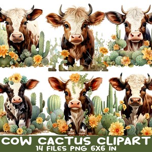 Cow and Cactus Clipart Bundle 14 PNG Files Cute Cow With Sunflowers and ...